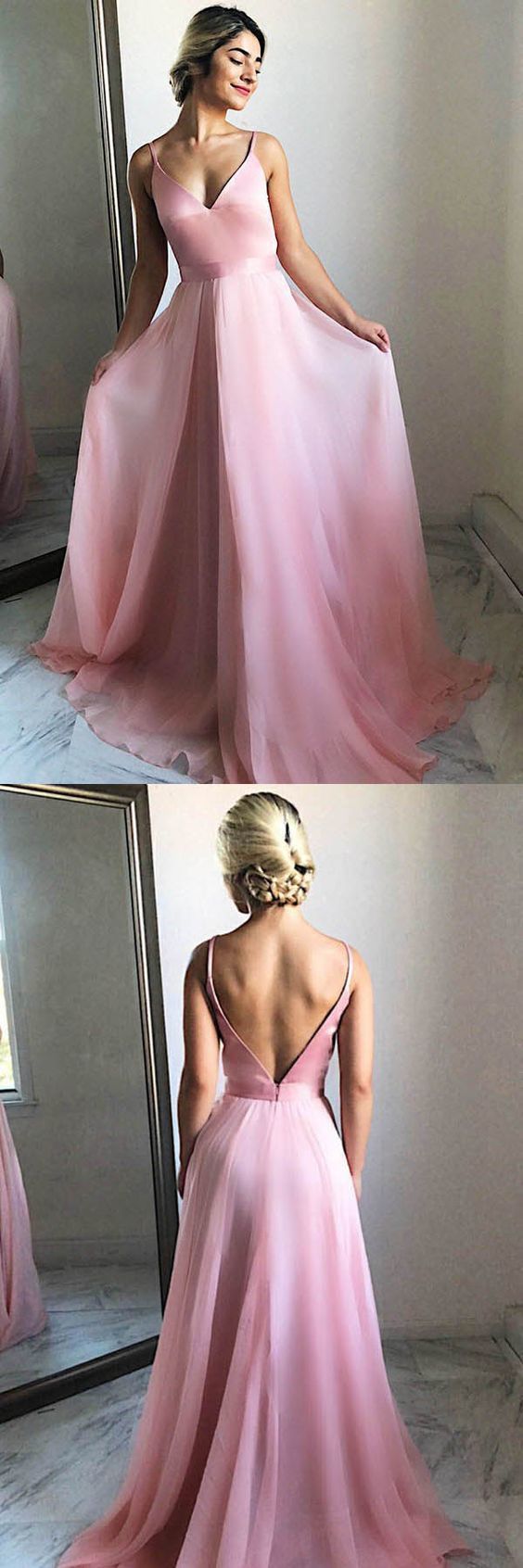 A-Line V-Neck Backless Pink Prom Dress,Party Dresses,Fashion Prom Dress ...