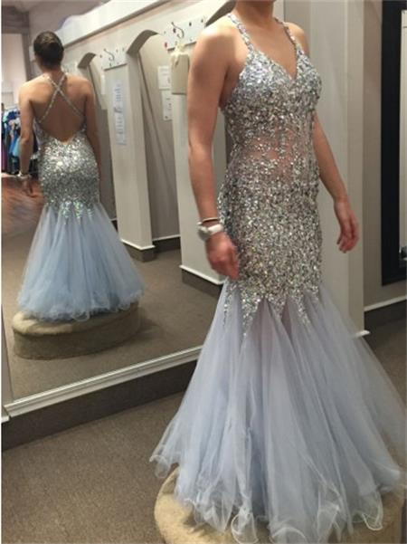 Open Back Mermaid Tulle Prom Dresses Crystals Floor Length Women Party ...